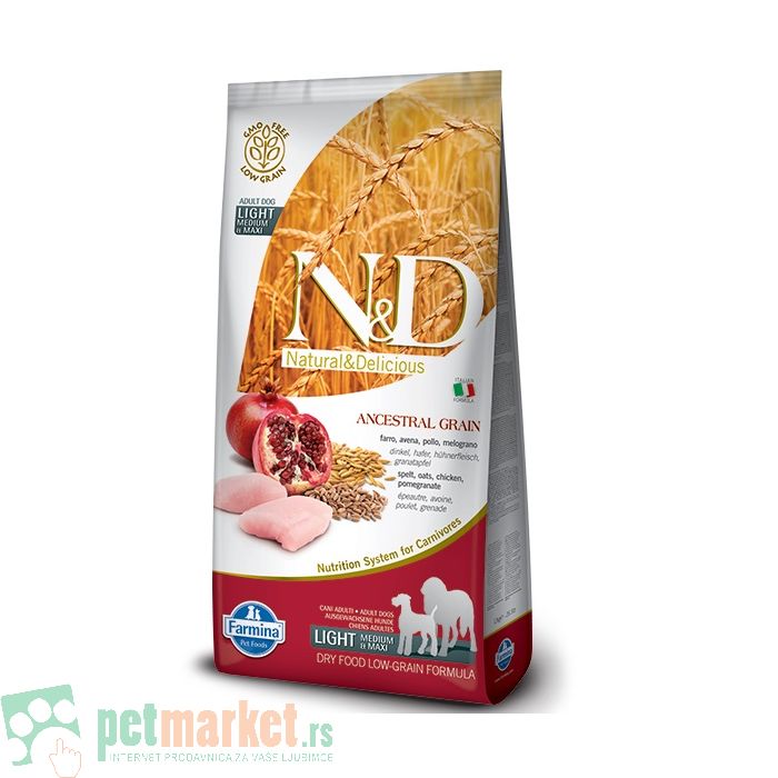 N&D Low Grain: Hrana za pse sa prekomernom težinom Medium/Maxi Light, Piletina & Nar, 12 kg