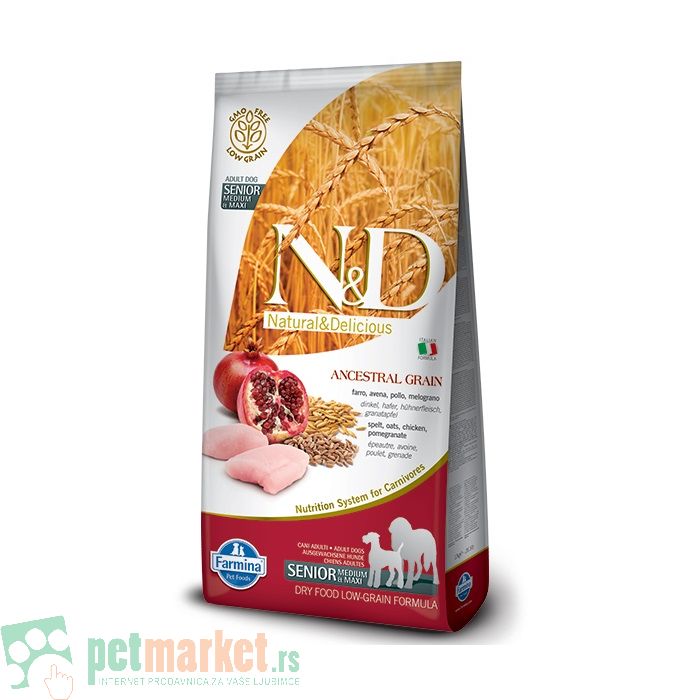 N&D Low Grain: Hrana za starije pse Medium/Maxi Senior, Piletina & Nar, 12 kg
