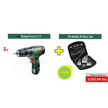 Bosch akumulatorska dvobrzinska vibraciona bušilica-odvrtač EasyImpact 12 + POKLON Bosch 75-delni X - line set