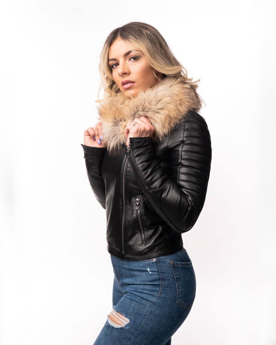 Ženska kožna jakna sa krznom – Paola – Crna, natur krzno