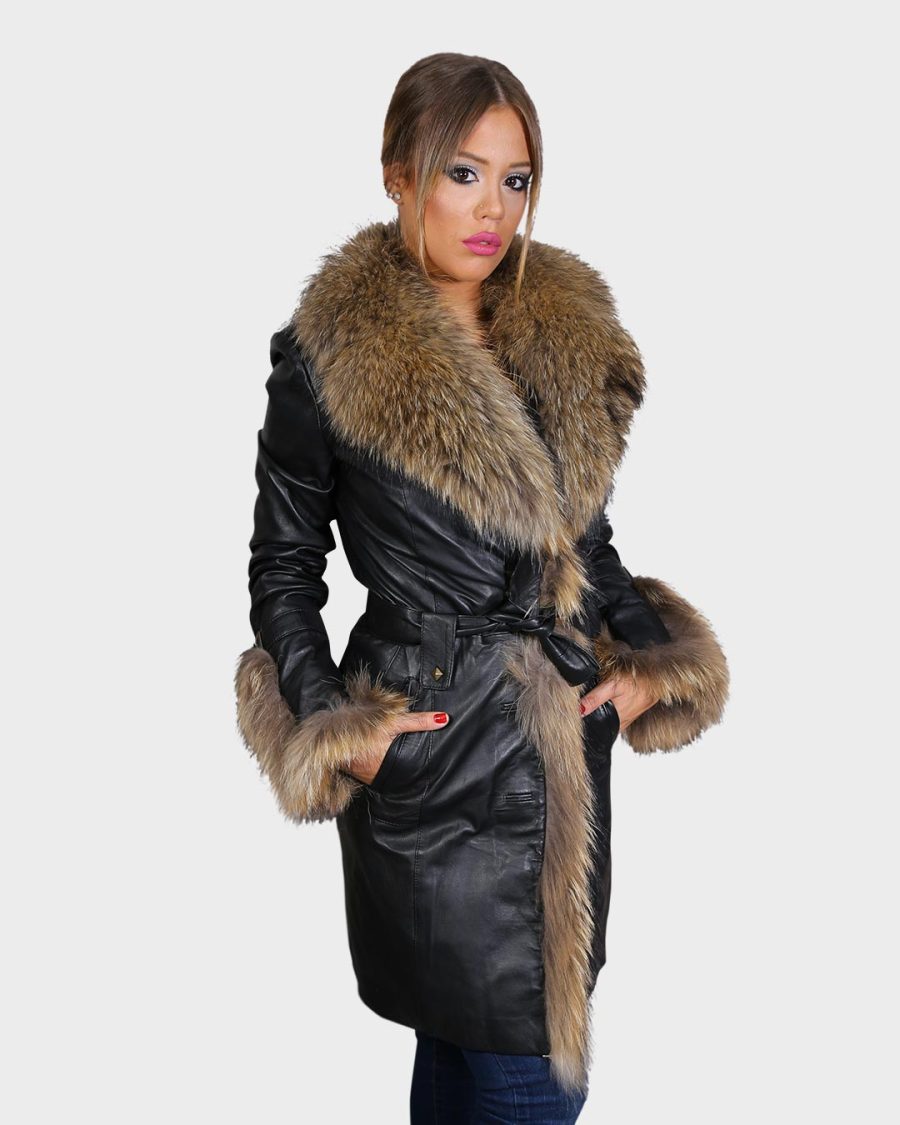 Ženska kožna jakna sa krznom – Sabrina – Crna, natur krzno