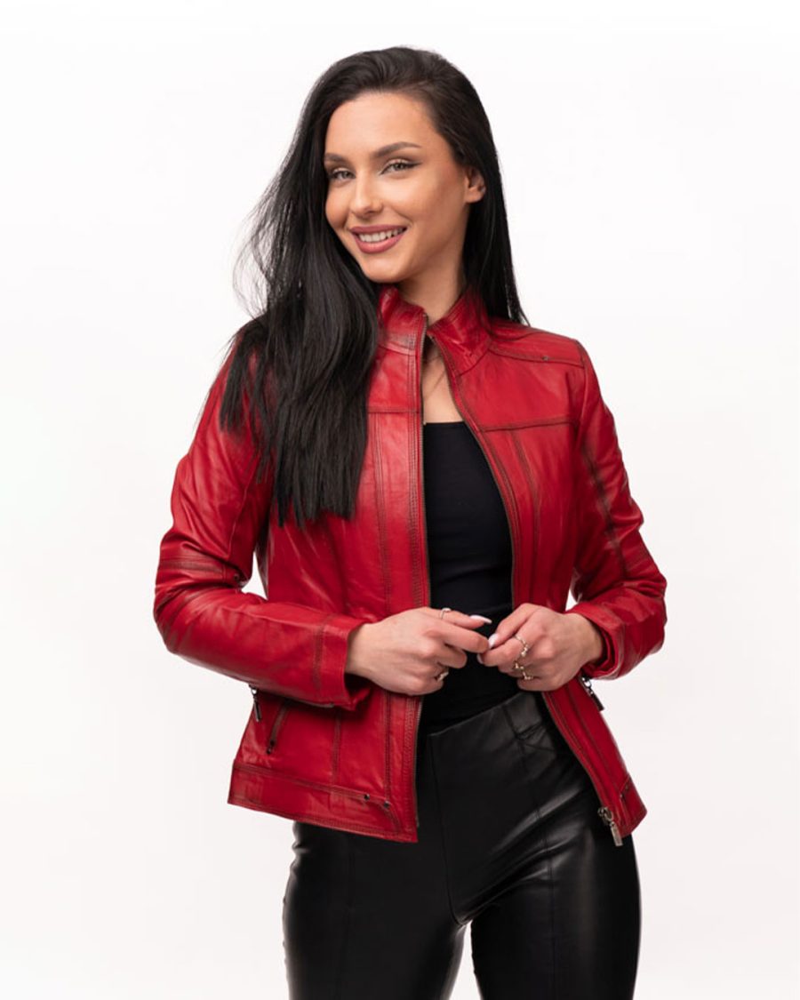 Ženska kožna jakna – Monica – Crvena melirana