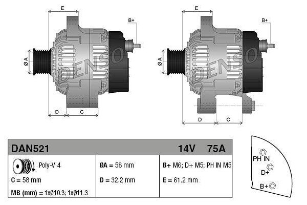 Alternator Smart Fortwo 04-07, 75 A, 58 mm