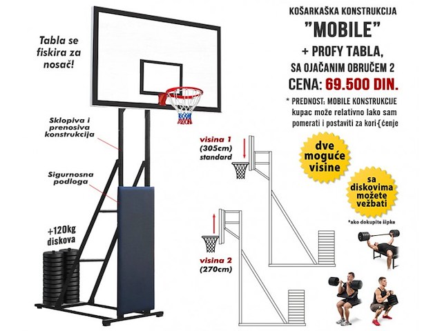 Košarkaška Konstrukcija `MOBILE`+ Profy tabla+ obruč