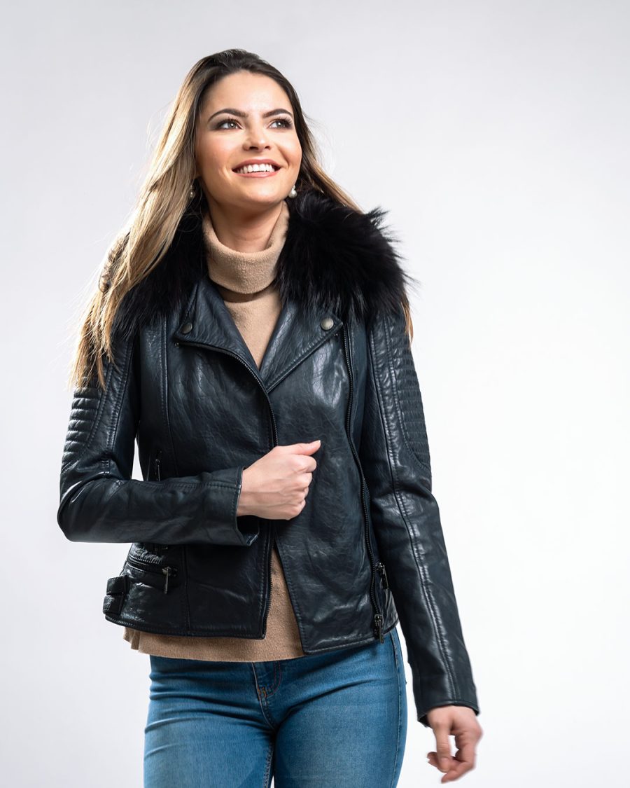Ženska kožna jakna sa krznom – Invento Daria – Teget