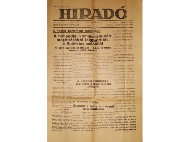 Novine `Hirado` Kraljevina Jugoslavija