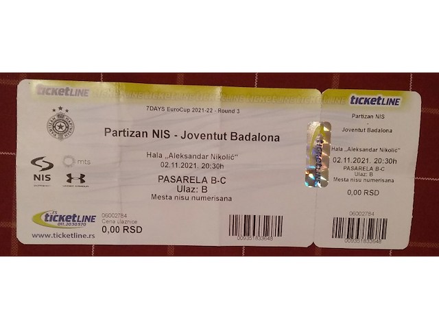 Ulaznica: KK Partizan-Juventut Badalona (EK 2.11.2021.)