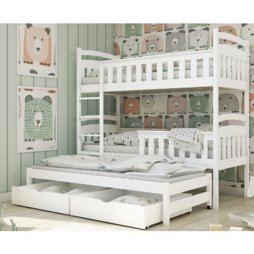 Drveni dečiji krevet na sprat Harriet sa tri kreveta i fiokom - beli - 200 x 90 cm