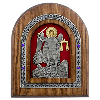 Ikona Sveti Arhangel Mihailo okovana pozlaćena 22x18cm (na crvenoj pozadini)