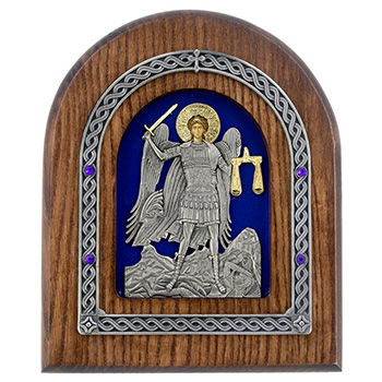 Ikona Sveti Arhangel Mihailo okovana pozlaćena 22x18cm (na plavoj pozadini)