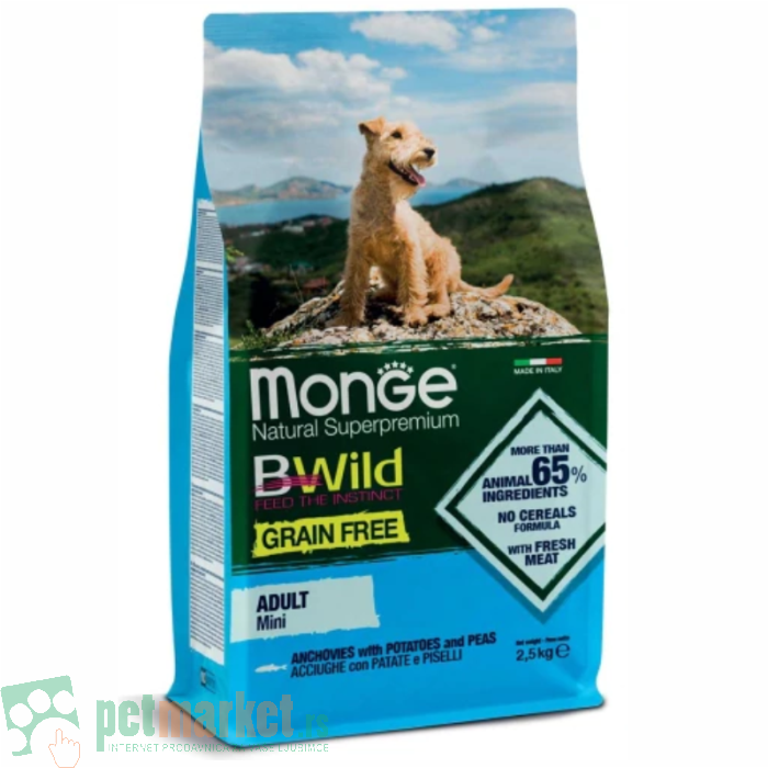 Monge Bwild: Hrana za odrasle male pse Mini Adult Grain Free, Inćuni