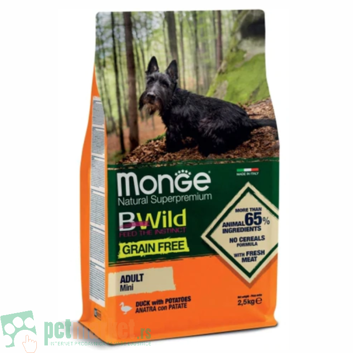 Monge Bwild: Hrana za odrasle male pse Mini Adult Grain Free, Pačetina, 2.5 kg