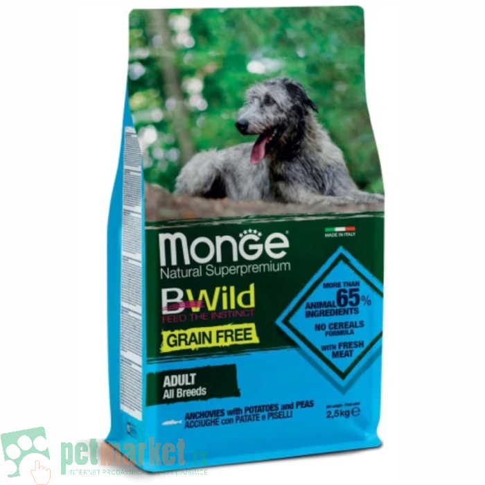 Monge Bwild: Hrana za odrasle pse Adult Grain Free, Inćuni, 2.5 kg
