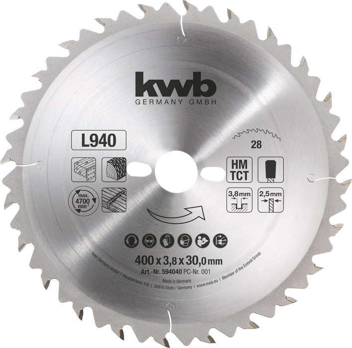 KWB 49594040 list za cirkular za drvo 400 x 30 mm, 931K, ojačan karbidom, otporan na eksere