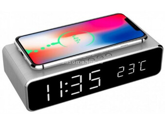 Gembird digitalni sat + alarm sa bezicnim punjenjem telefona, Silver DAC-WPC-01-S