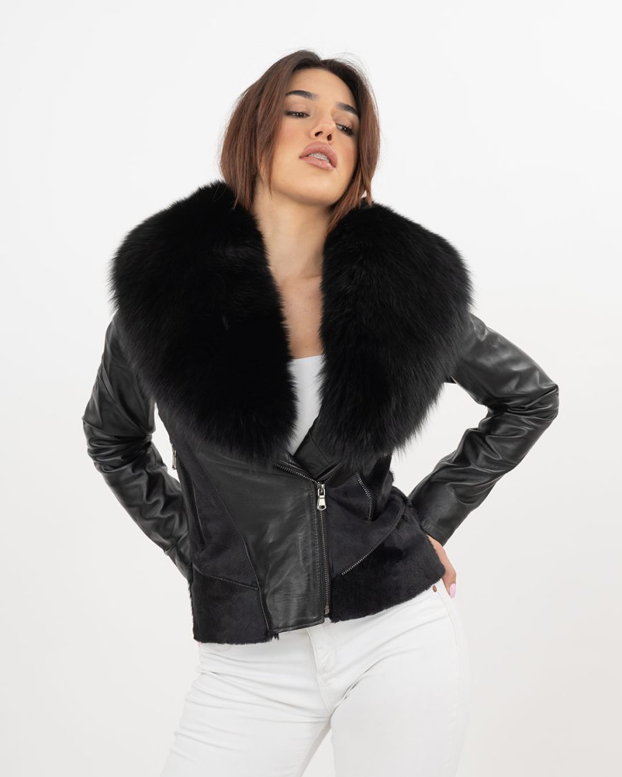 Ženska kožna jakna sa krznom – Kasija – Crna, crno krzno