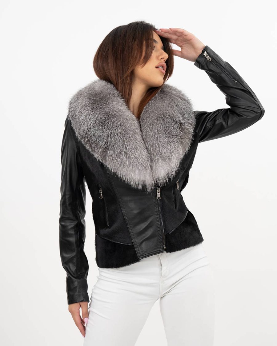 Ženska kožna jakna sa krznom – Kasija – Crna, krzno polarne lisice