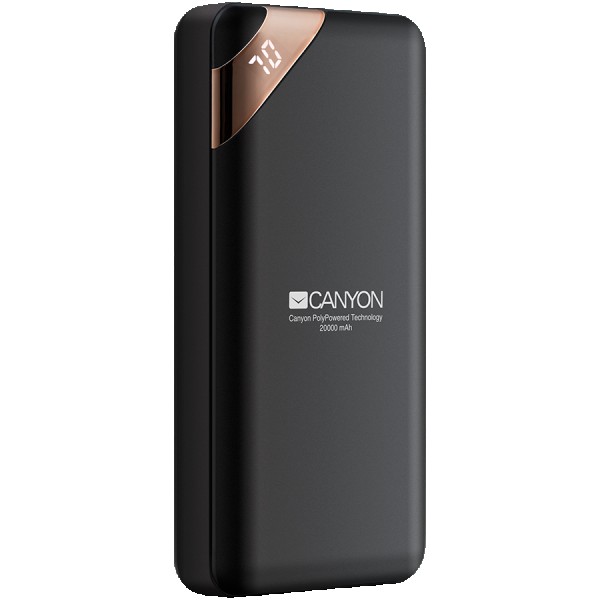 CANYON Power bank 20000mAh Li-poly battery, Input 5V2A, Output 5V2.1A(Max), with Smart IC and power display, Black, USB cable length 0.25m, 137*67*25mm, 0.360Kg ( CNE-CPBP20B )