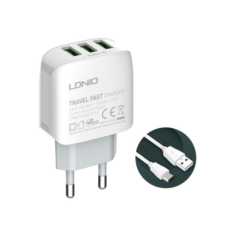 Kucni punjac LDNIO A3312 3xUSB 5V 3.4A 17W sa micro USB kablom beli