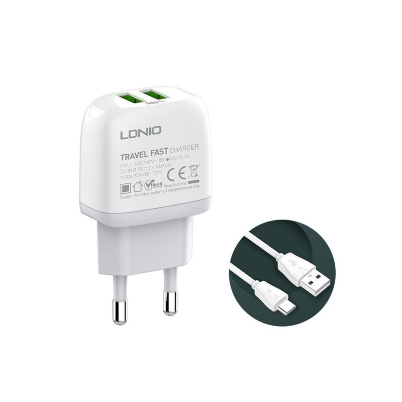 Kucni punjac LDNIO A2219 2xUSB 5V 2.4A 12W sa Type C kablom beli