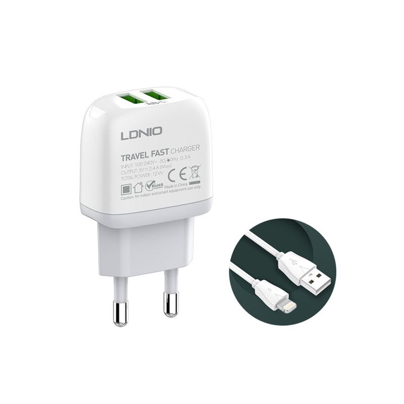 Kucni punjac LDNIO A2219 2xUSB 5V 2.4A 12W sa iPhone lightning kablom beli