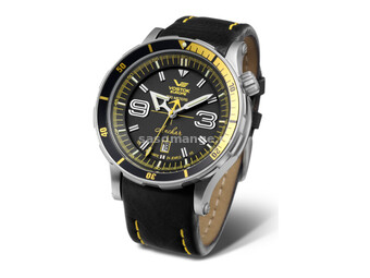 Muški vostok europe anhcar automatik crni srebrni sportski ručni sat sa crnim kožnim i Žutim gume...