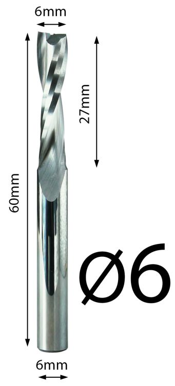 Spiralno CNC glodalo za ivericu i medijapan (MDF) 6mm, prihvat 6mm, ukupna dužina 60mm FUL 9E.060.A