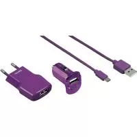 Set USB punjača - kućni i auto punjač sa microUSB kablom Picco ljubičasti Hama 102008