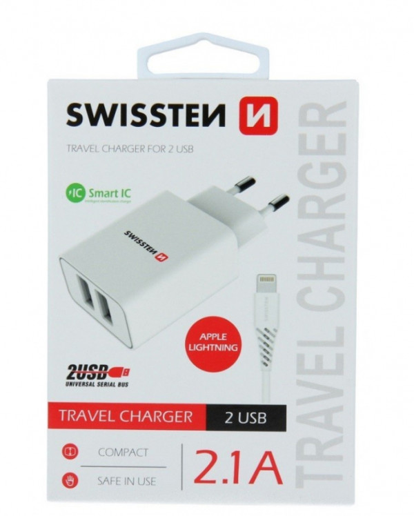 PUNJAC ZA MOBILNI 2XUSB 2.1A+KABL LIGHTING 1.2M BELA SWISSTEN