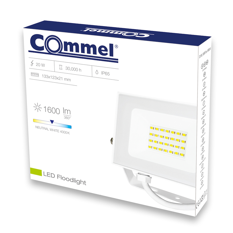 Commel LED Reflektor 20 W, 4000 K, 1600 lm, IP65, Beli – C 306-129