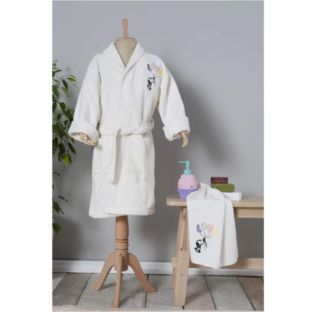 Peanuts by Karaca Home Love Embroidered Bathrobe Set 8-10 Age Offwhite