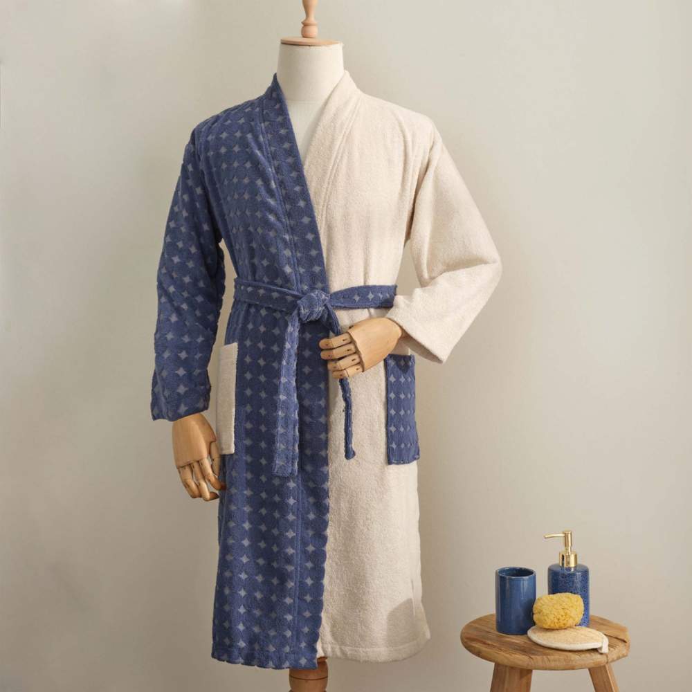 Karaca Home Young Audra Navy Blue Beige 100% Cotton Bathrobe S/M