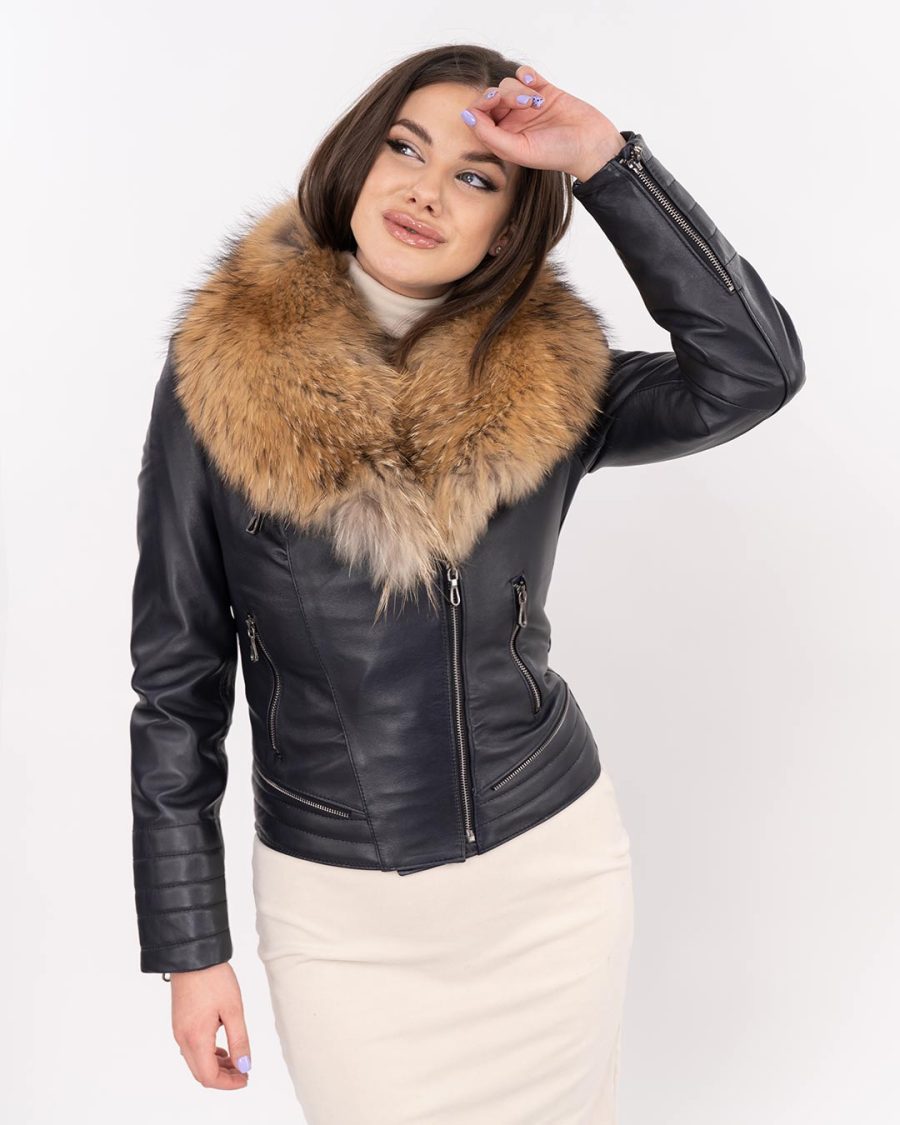 Ženska kožna jakna sa krznom – Kim – Teget, natur krzno