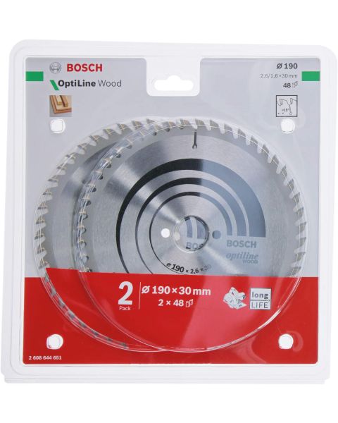Bosch Set 2 x list kružne testere za drvo Optiline Wood 190 x 30 x 2,6 mm, 48 - 2608644651