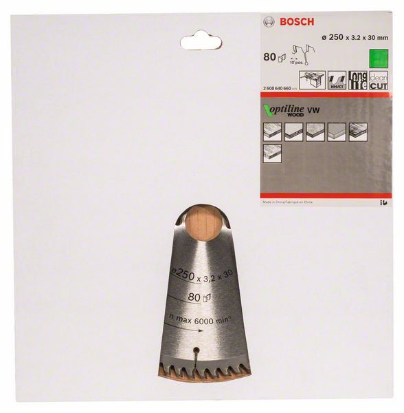 List kružne testere Optiline Wood Bosch 2608640660, 250 x 30 x 3,2 mm, 80