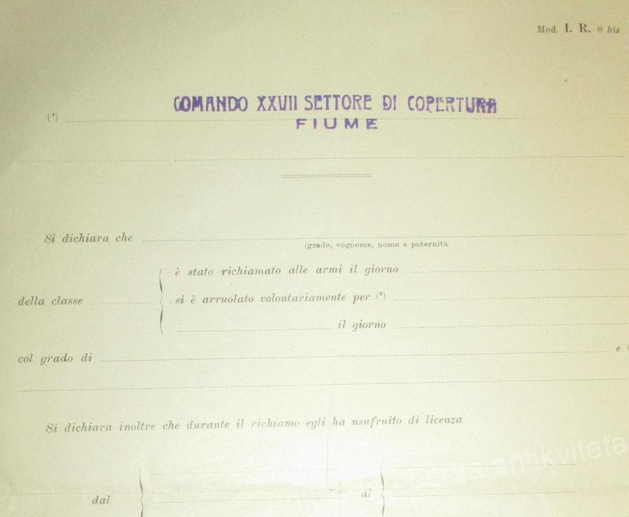 Fiume Rijeka Italijanski blanko vojni dokument WWII