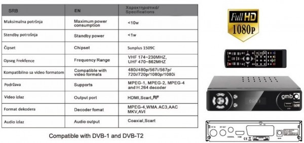GMB-T2-404 **DVB-T2 SET TOP BOX USB/HDMI/Scart/RF-out, PVR, Full HD, H264, hdmi-kabl, modulator 1333
