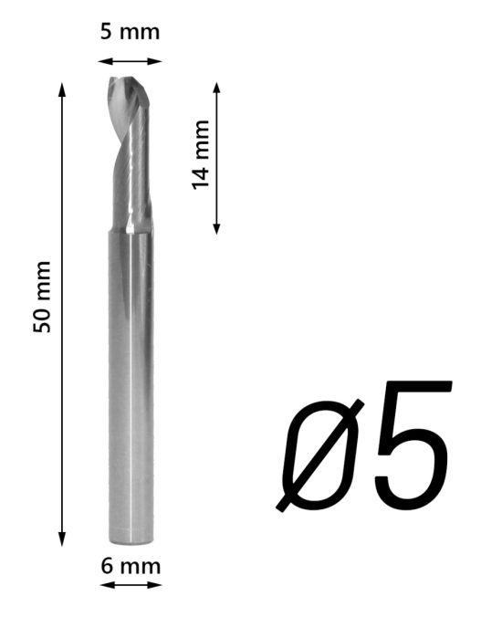 Jednopero CNC glodalo za aluminijum 5mm, prihvat 6mm, ukupna dužina 50mm FUL 300A.050.A