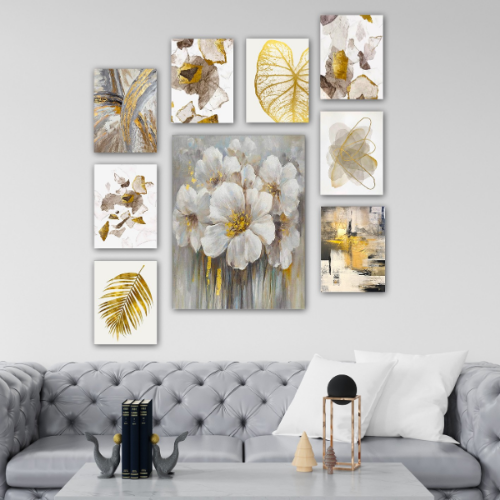 Slike dezen cveće belo zlatno, set sa 9 slika