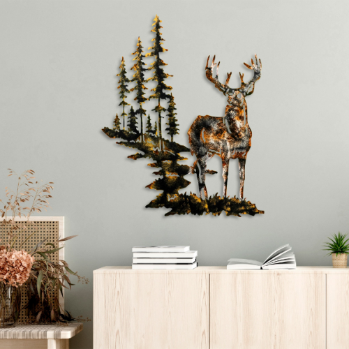Zidna dekoracija jelen u šumi, metalna, 65x79 cm