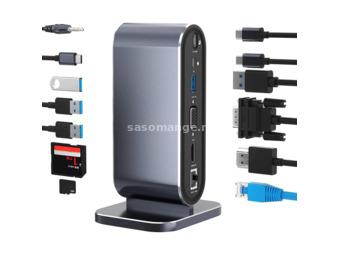 Adapter Type C na LAN Gb, SD card, TF, PD, Type C, 4xUSB 3.0, Audio, HDMI i VGA 12 u 1 sa postoljem