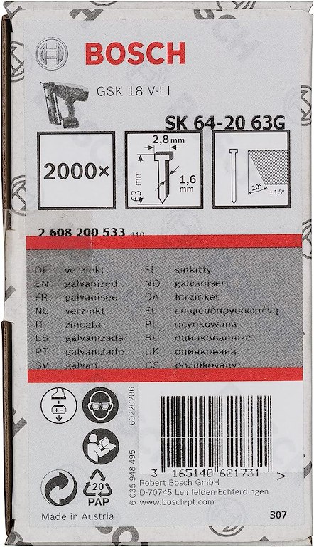 Bosch ravni ekser sa upuštenom glavom SK64 20G 63 mm, pocinkovan (2608200533)ID EK000547475
