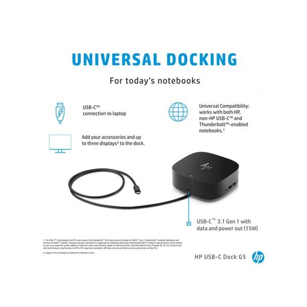 HP Dock USB-C Universal G5 USB-C RJ45 2DP HDMI 2 USB-A USB-C 2 audio AC adapter 5TW10AA