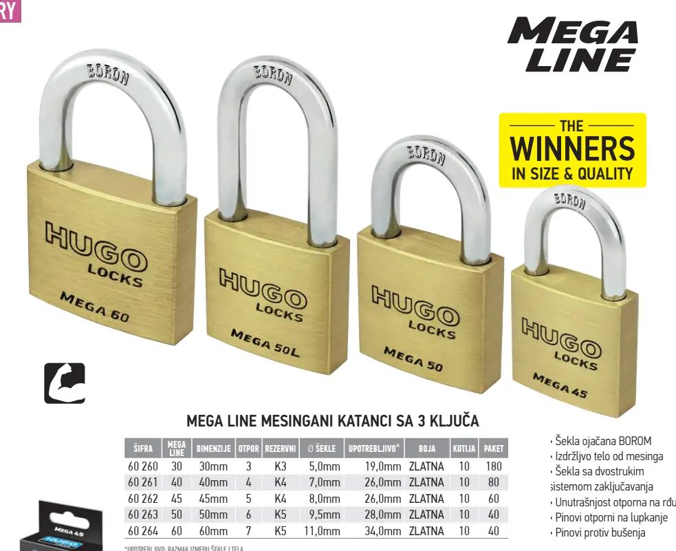 HUGO LOCKS Mesingani katanac Mega Line60 60mm zlatni