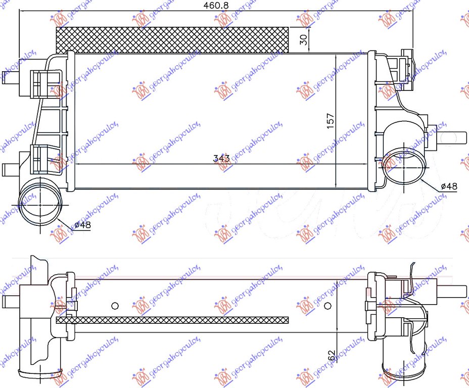 HLADNJAK INTERCOOLERA 1.0 EcoBoost (343x157x62) FORD FOCUS C-MAX (2014-) (OEM: 1764929, 2026747, CV619L440VC)