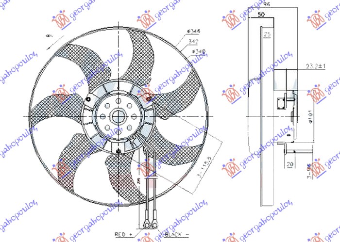 VENTILATOR (MOTOR + ELISA) 340mm 2 KABLA VW TRANSPORTER (T4) (1991-1996) (OEM: 701959455K, 701959455L)