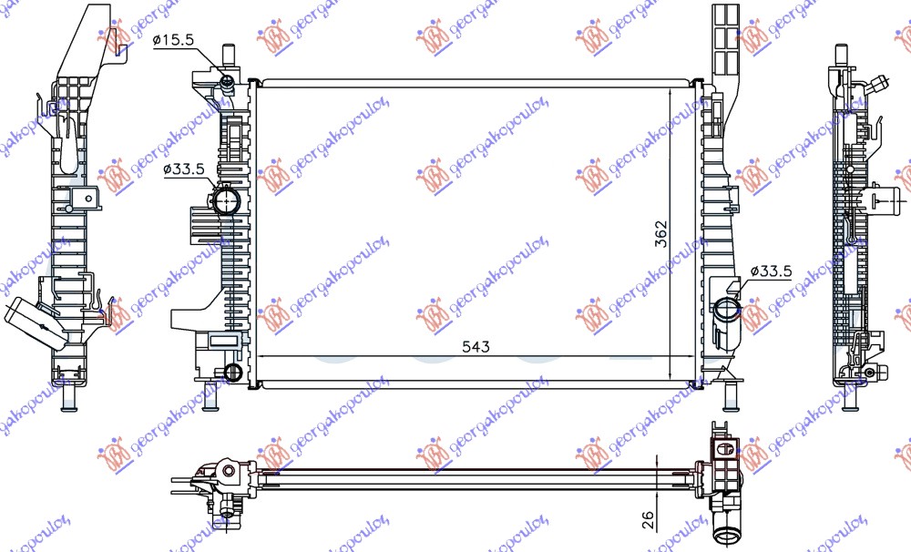 HLADNJAK MOTORA 1.0 EcoBoost BENZIN (543×362) FORD TRANSIT/TOURNEO CONNECT (2013-2019) (OEM: 1766348, CV618005VA)