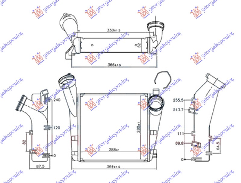 HLADNJAK INTERKULERA 4.8TURBO – S (288x280x62)ALU Leva str. PORSCHE CAYENNE (2003-2010) (OEM: 7L5145803B, 95511063901)