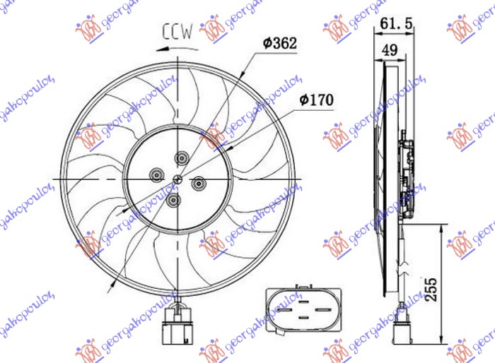 VENTILATOR 2.0 – 3.0B 2.0 – 3.0 D 370mm 4P DESNO AUDI A6 (2018-) (OEM: 8W0959455AE, 8W0959455B, 8W0959455L)