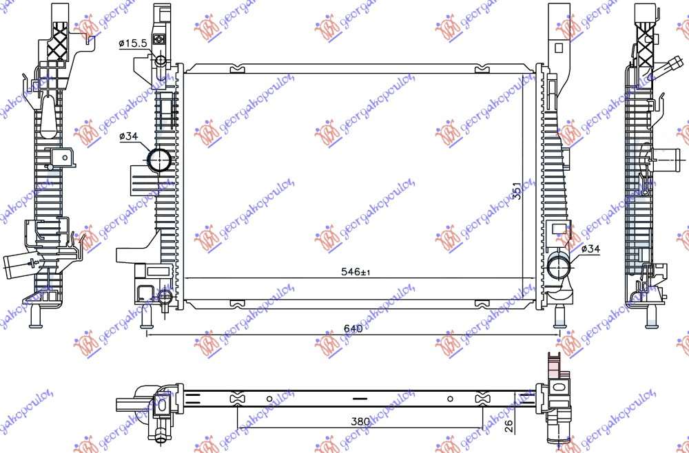 HLADNJAK MOTORA 1.5 TDCi AUTOMATIK DIZEL (546x351x26) FORD TRANSIT/TOURNEO CONNECT (2013-2019) (OEM: 1889730, F1F18005HB)